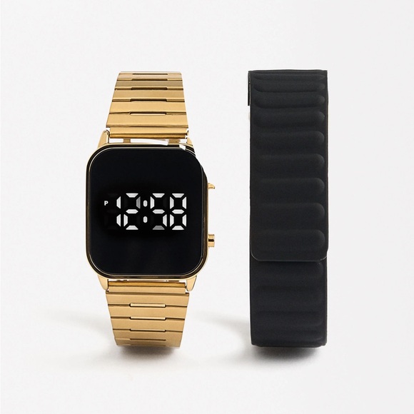 Wearables | Gold Digital Watch Black Rubber Strap | Poshmark